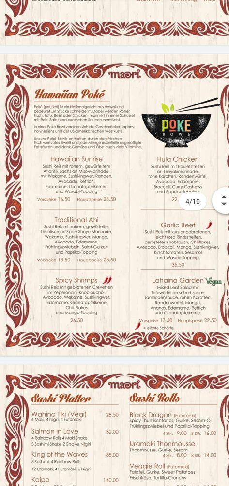 Menu at MAORI, Schlieren, Bernstrasse 15