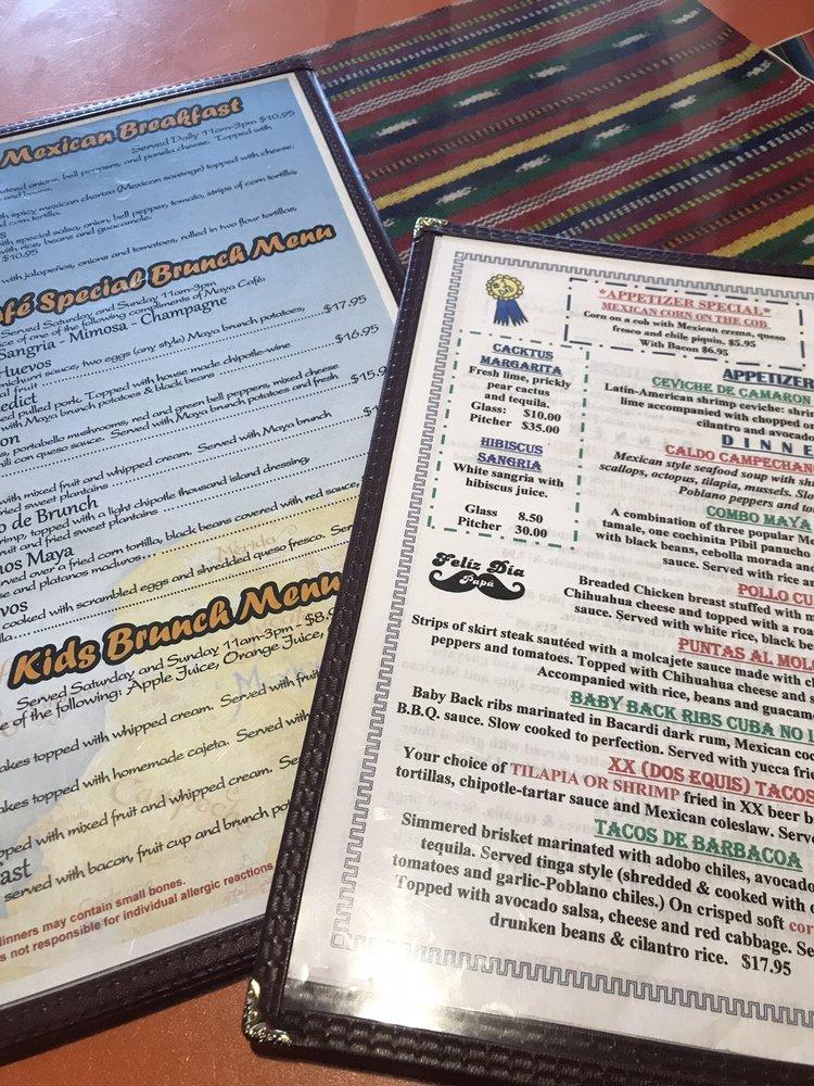 Menu at Maya Cafe, Fishkill