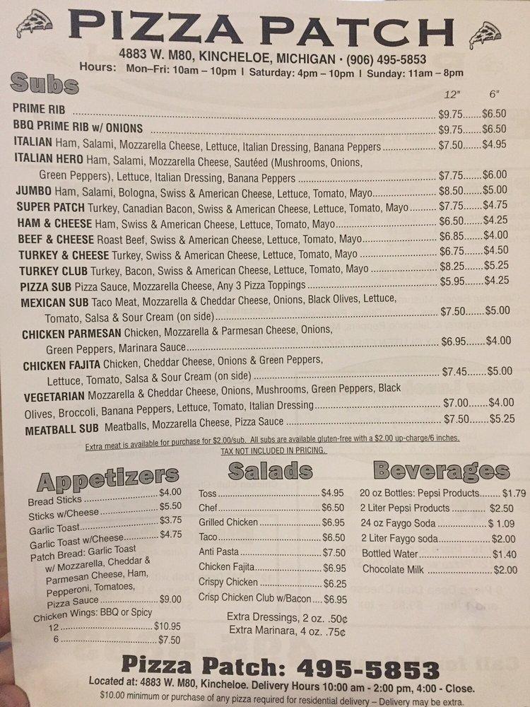 Menu at Pizza Patch pizzeria, Kinross Charter Township