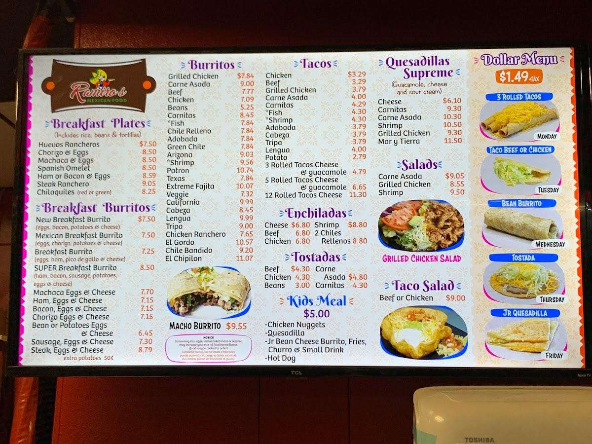 Menu at Ramiro's Mexican Food restaurant, Tucson