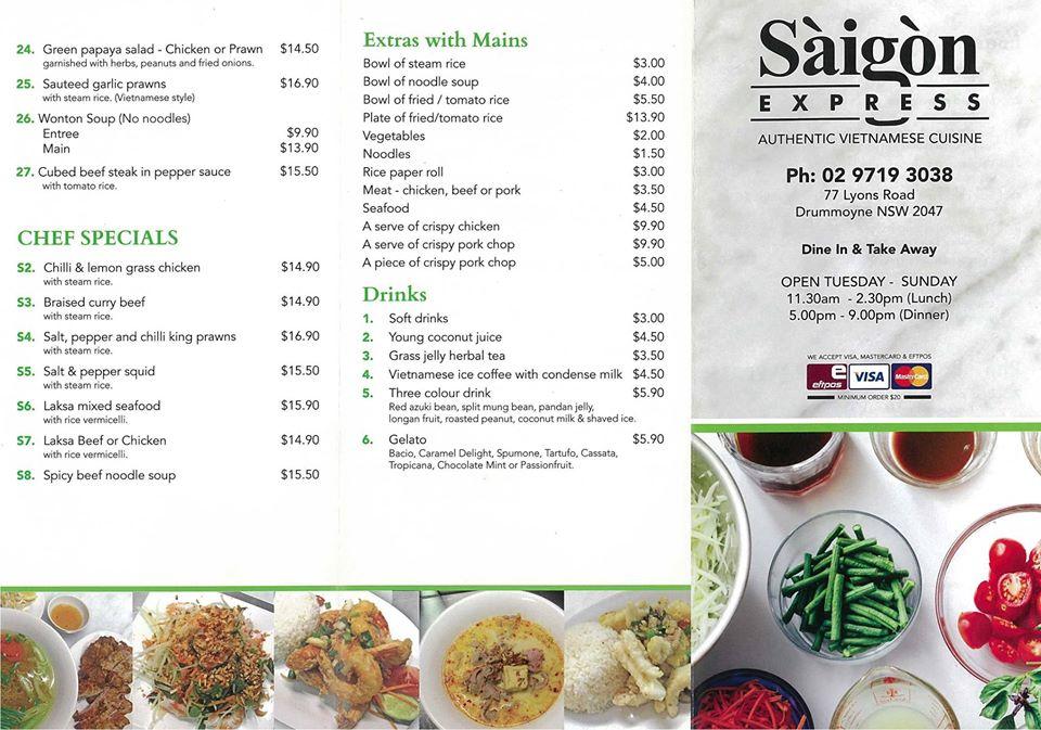 Menu at Saigon Express Drummoyne restaurant, Drummoyne