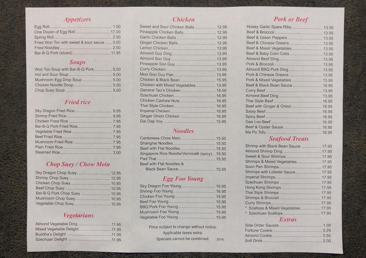 Menu at Skye Dragon restaurant, Perth