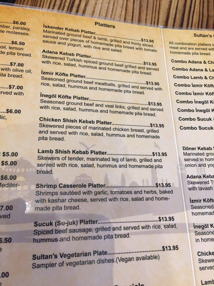 Menu at Sultan Kebab restaurant, Charlottesville, 333 2nd St SE