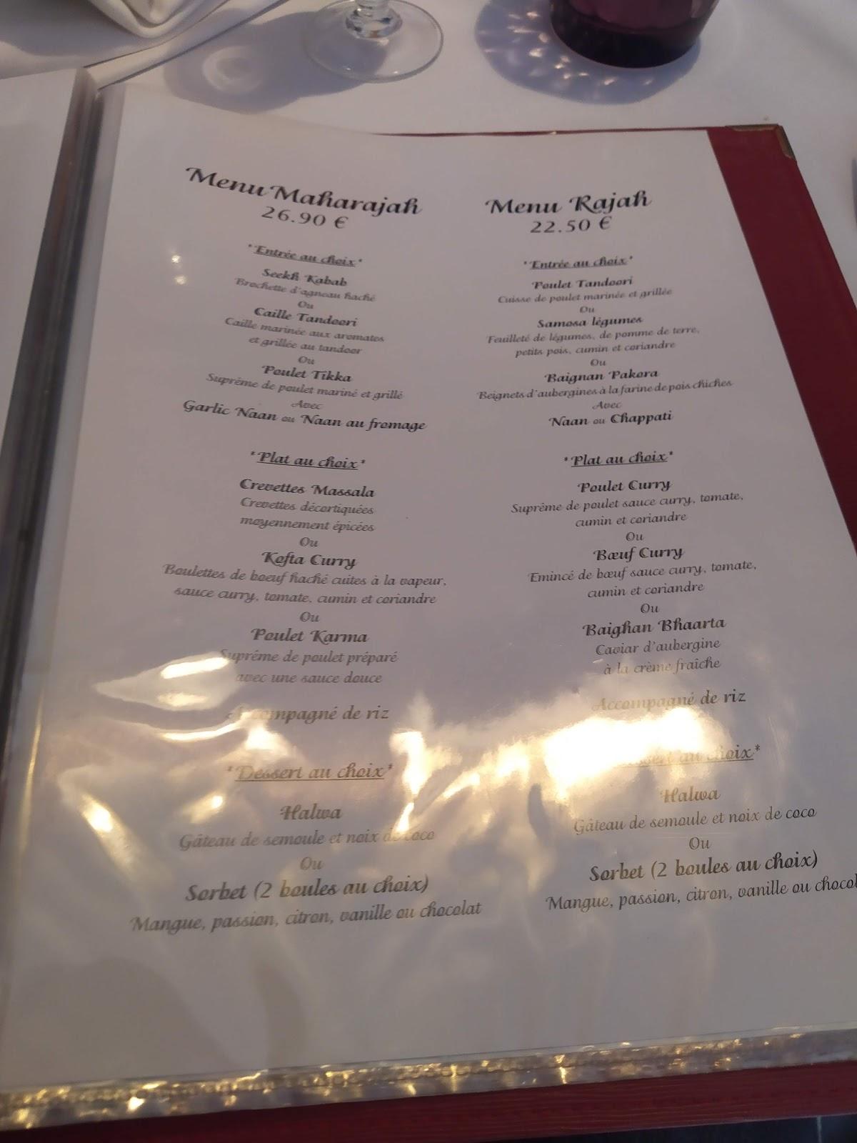 Menu at Taj Mahal restaurant, Saint-Julien-en-Genevois