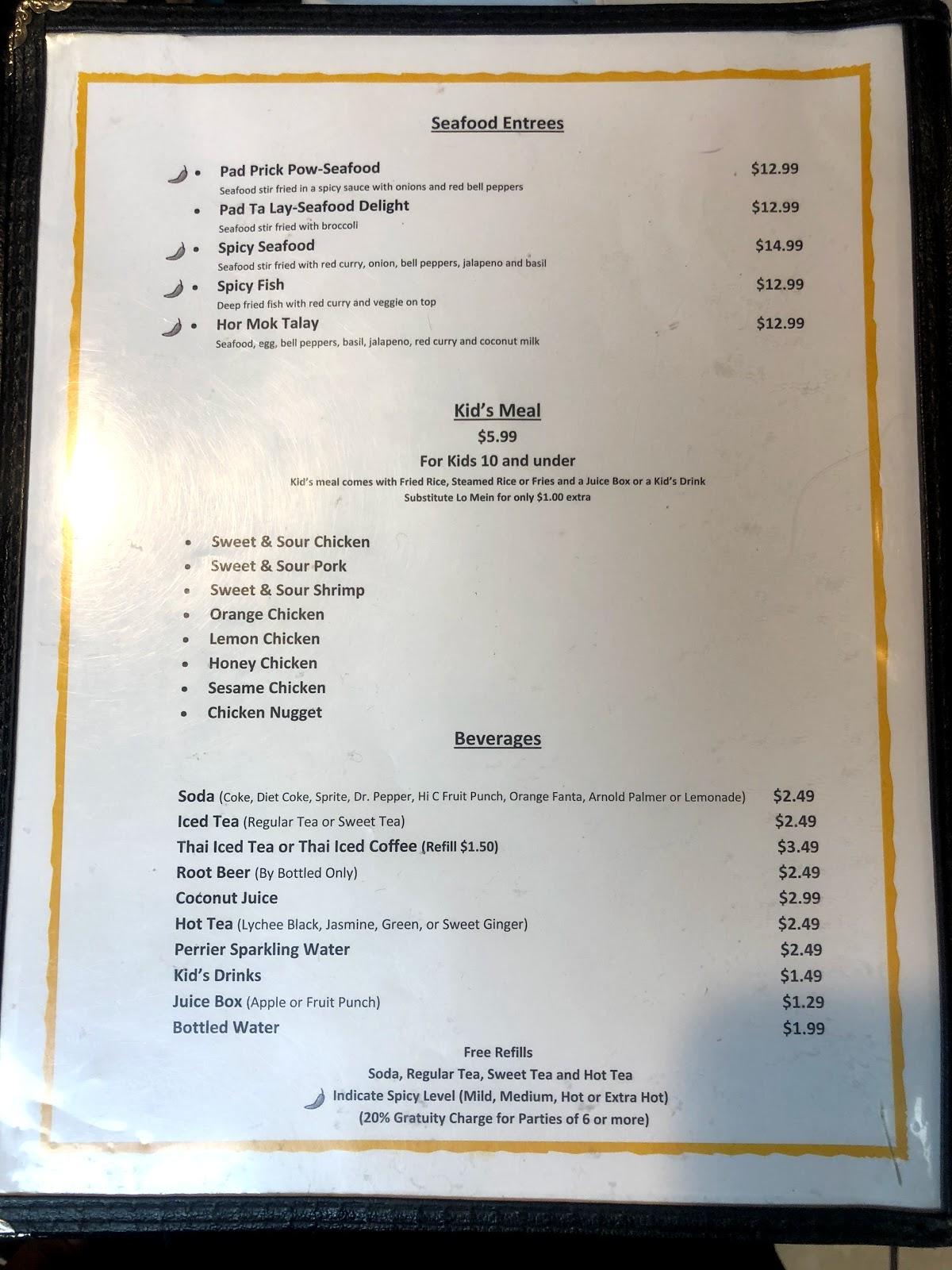 Menu at Thai City restaurant, Portales
