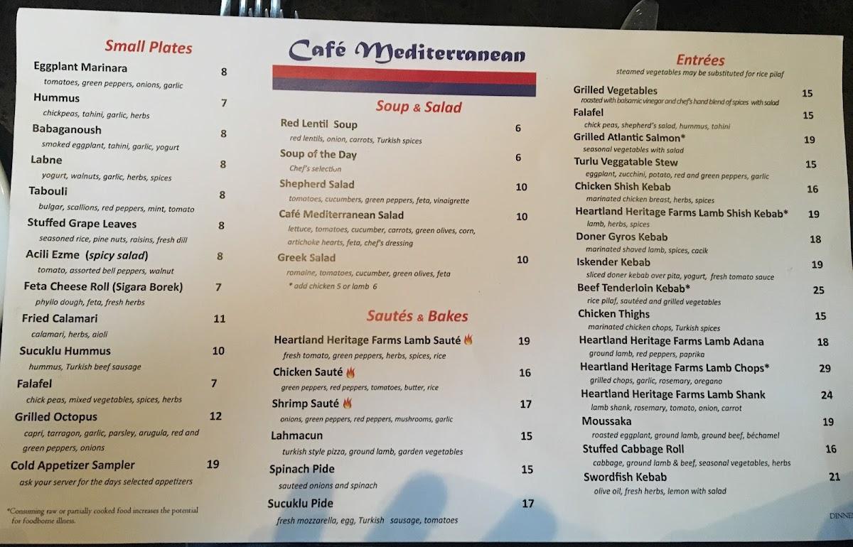 Menu at Cafe Mediterranean, Cincinnati, Erie Ave