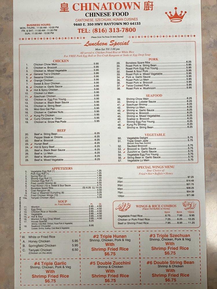 Menu at China Town restaurant, Raytown