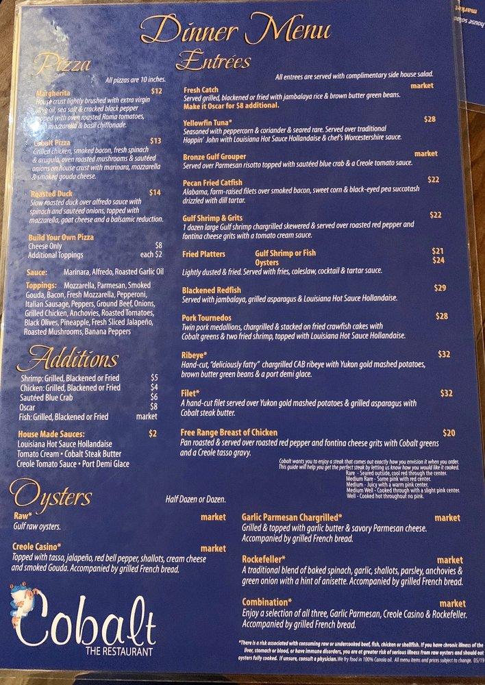 Menu at Cobalt, The Restaurant, Orange Beach