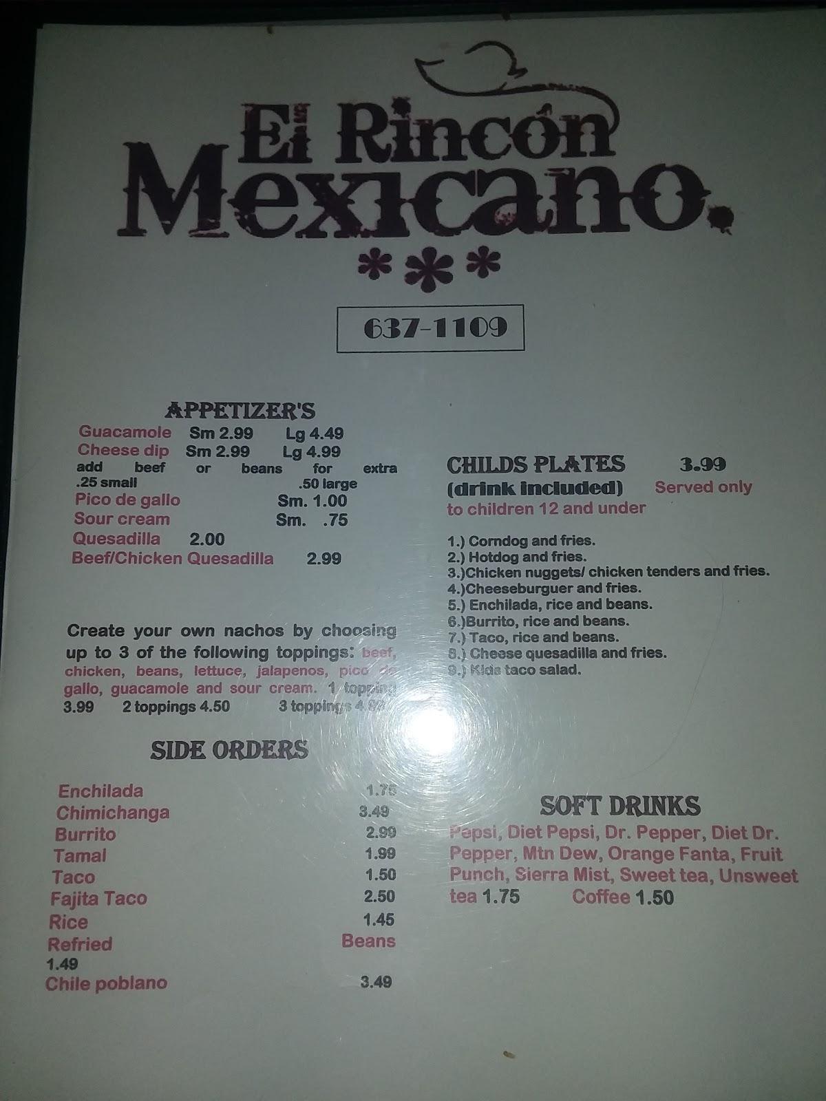 Menu at El Rincon Mexicano restaurant, Waldron
