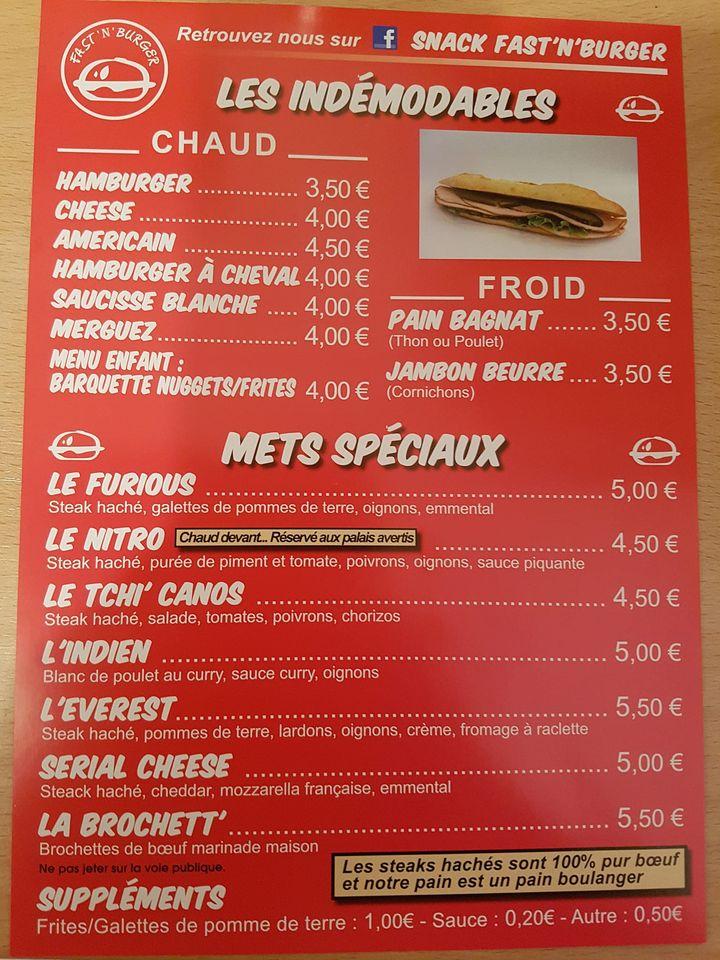 Menu at Fast 'N' Burger restaurant, Hagondange