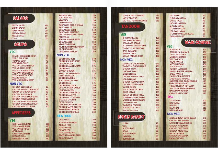 Menu at Flameingoes, Guntur