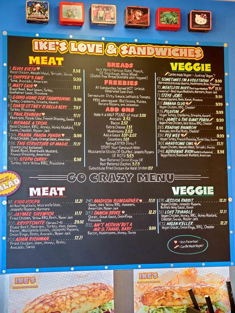Menu at Ike's Love & Sandwiches restaurant, Santa Cruz