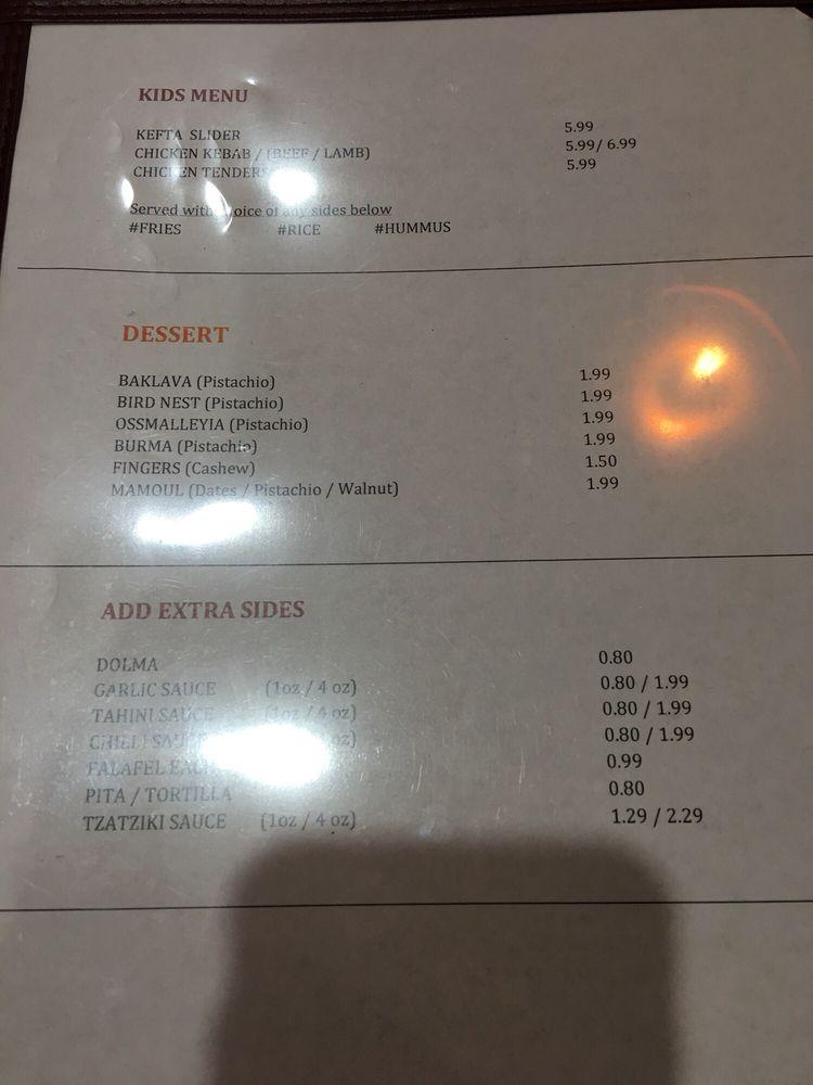 Menu at Mazaya Cafe, Albuquerque