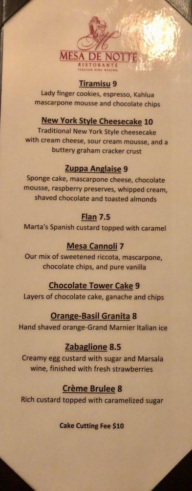 Menu at Mesa de Notte restaurant, Ocala