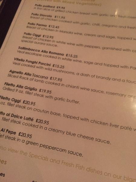Menu at OGGI Italian Restaurant, Leicester