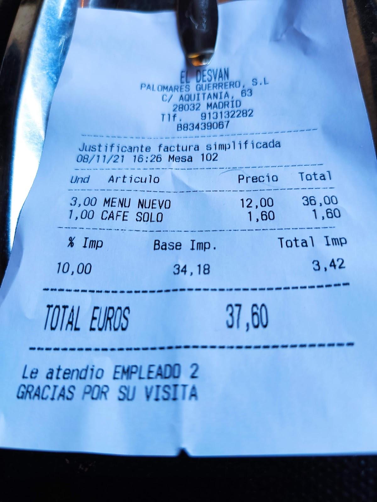 Menu at Restaurante El Desván, Madrid, C. de Aquitania