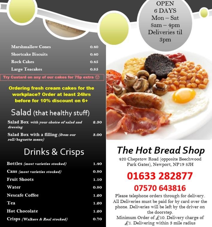 Menu at The Hot Bread Shop fast food, Newport