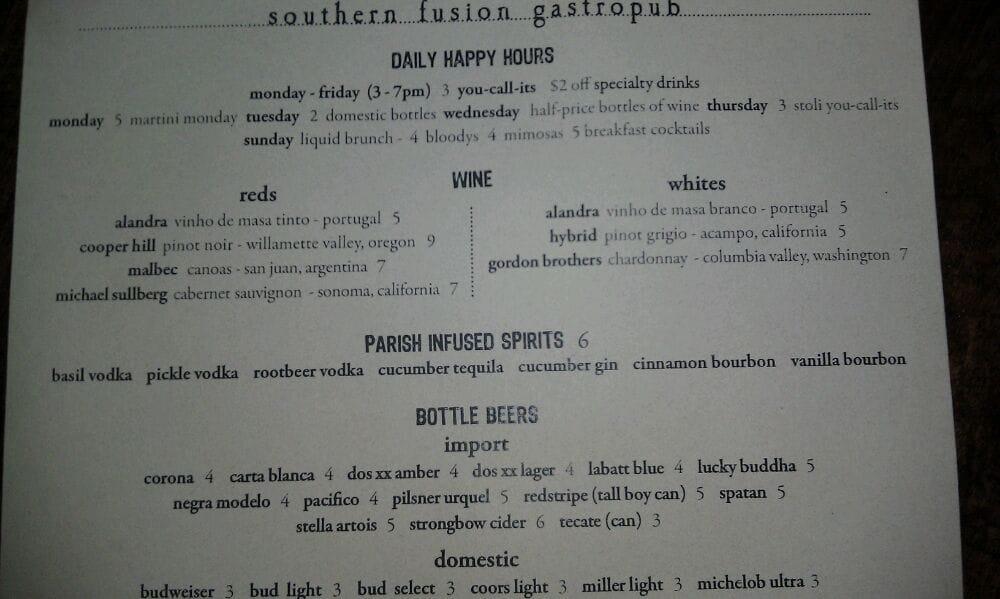 Menu at The Parish restaurant, Tucson