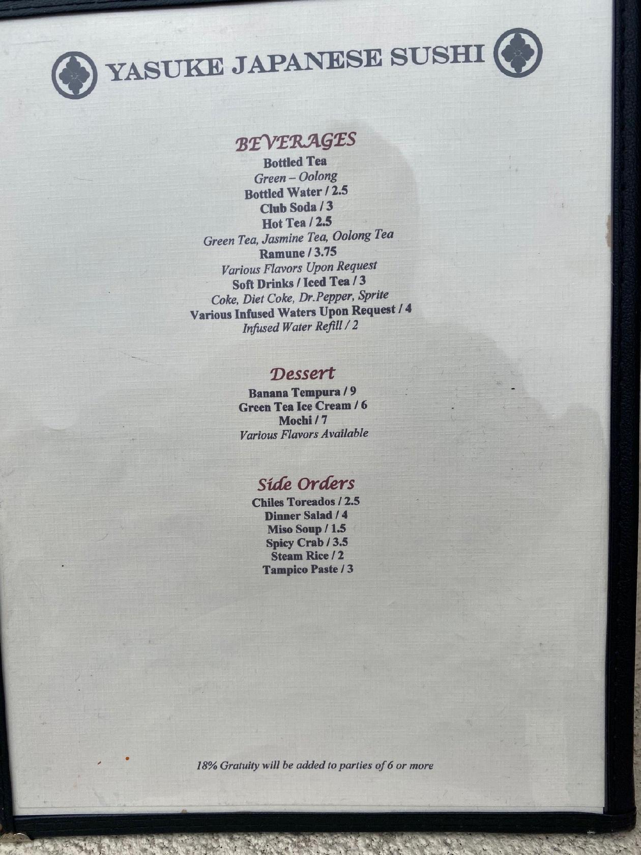 Menu at Yasuke Japanese Sushi restaurant, McAllen