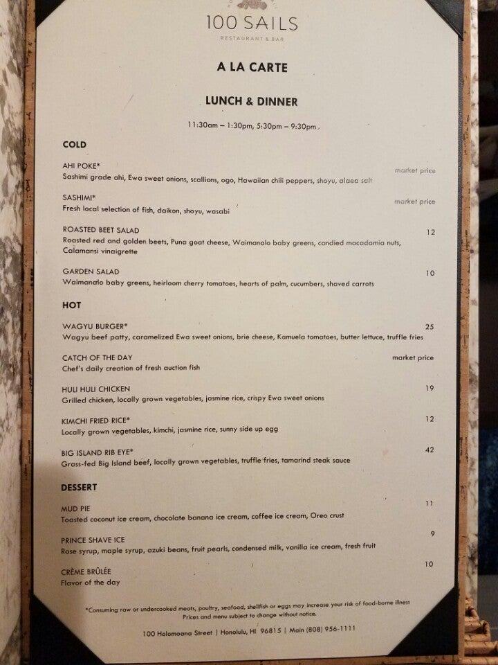 Menu at 100 Sails Restaurant & Bar, Honolulu