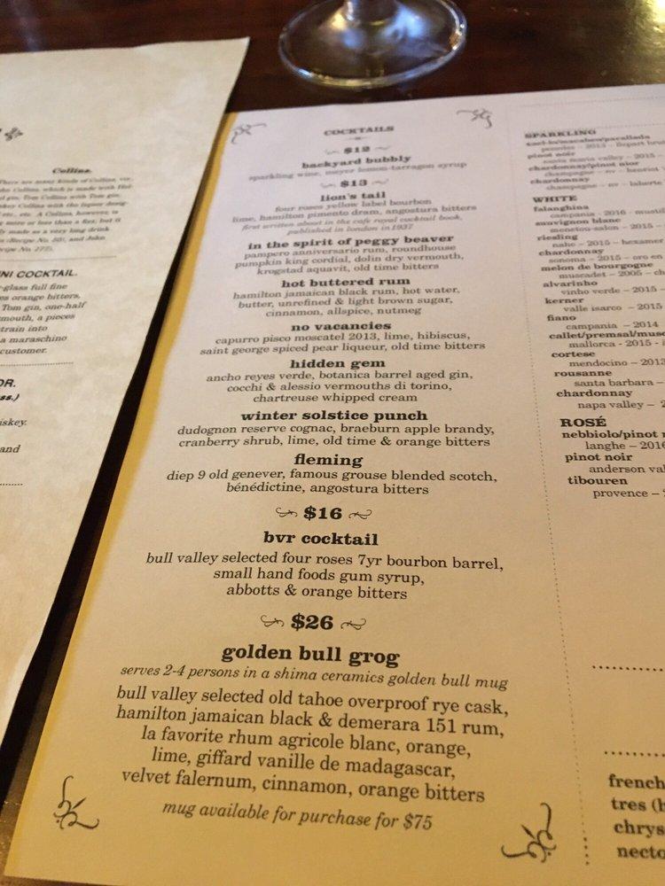 Menu at Bull Valley Roadhouse pub & bar, Port Costa