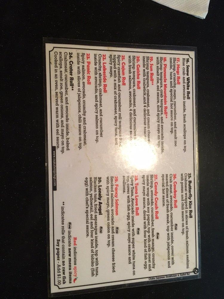 Menu at Osaka Japanese Steakhouse & Sushi Bar, Hot Springs
