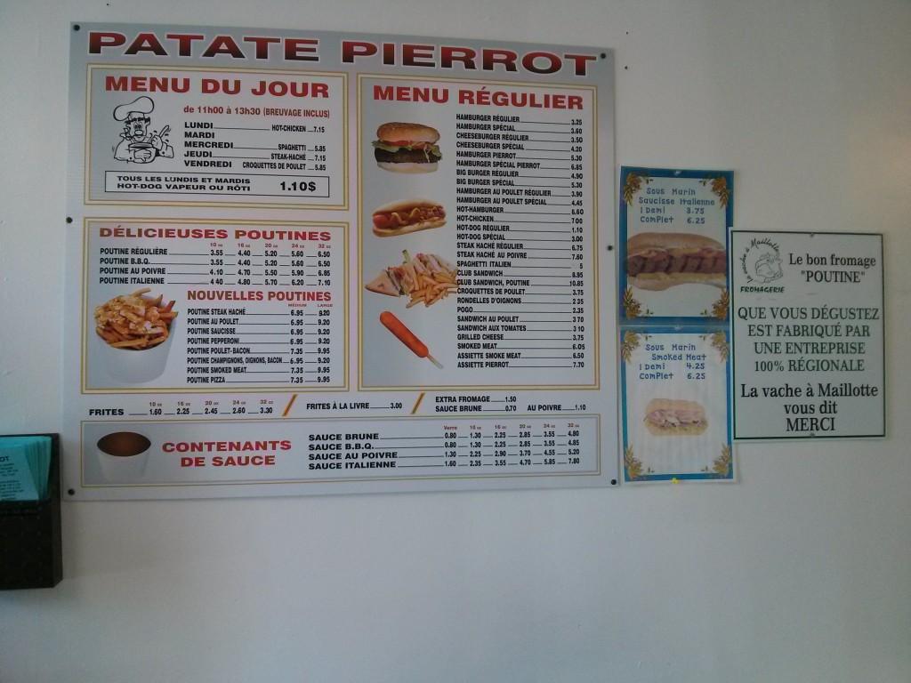 Menu au Patate Pierrot restaurant, Rouyn-Noranda
