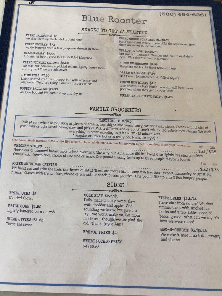 Menu at The Blue Rooster Restaurant, Broken Bow, N US Hwy 259