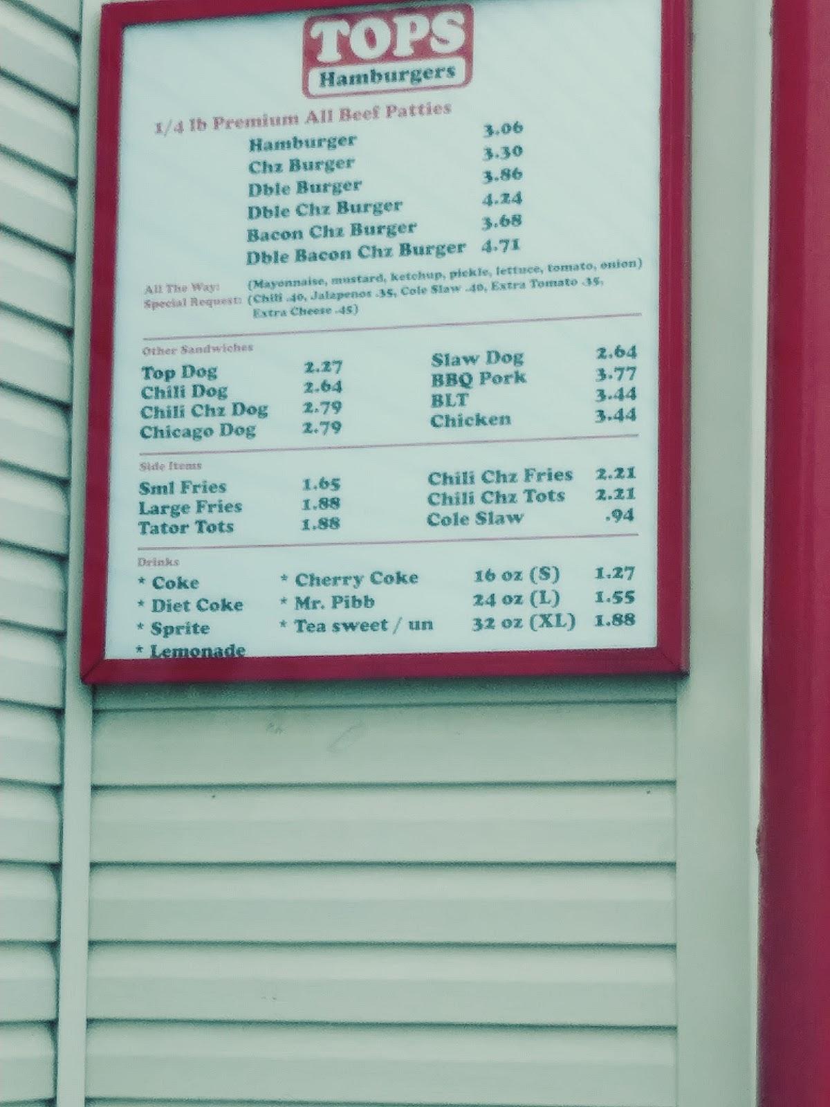 Menu at Tops Choice Hamburgers restaurant, Fort Walton Beach
