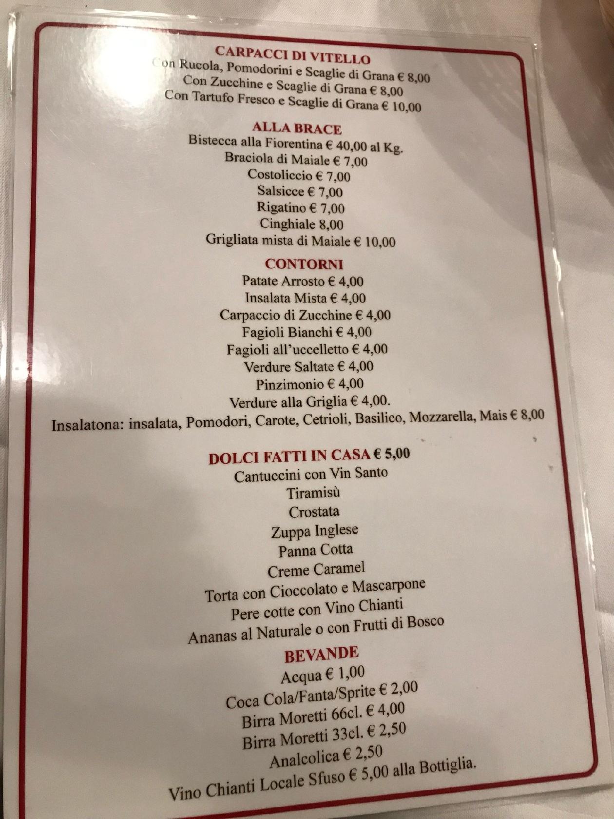 Menu at Antica Osteria l'Agania restaurant, Arezzo