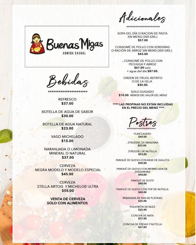 Carta del restaurante Buenas Migas, Ciudad López Mateos