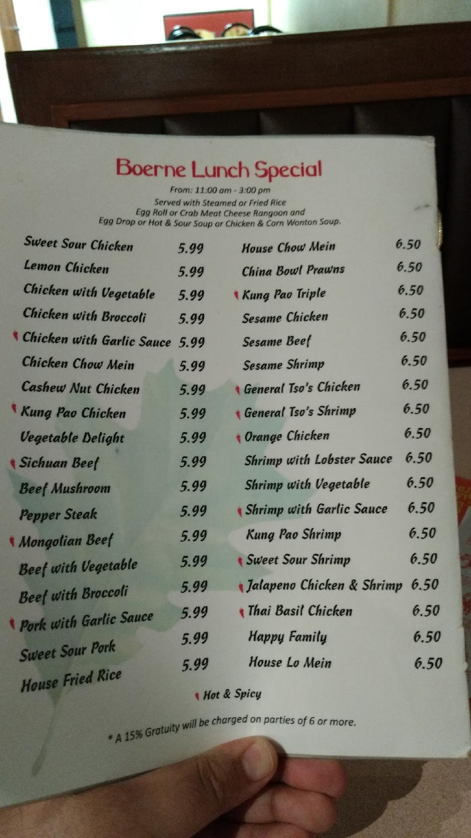 Menu at China Bowl restaurant, Boerne
