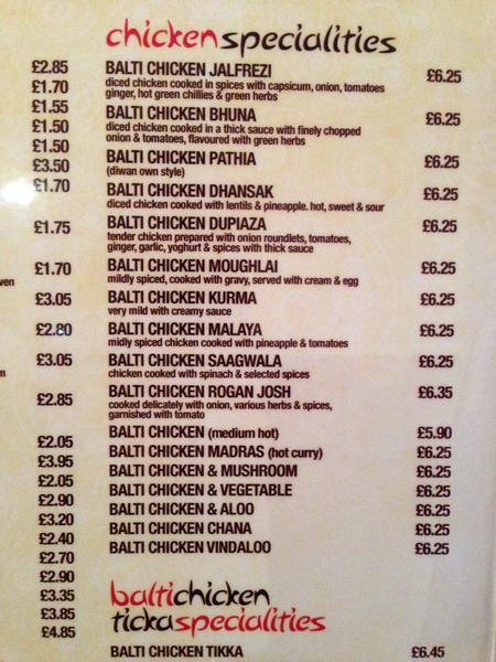Menu at Diwan restaurant, Birmingham
