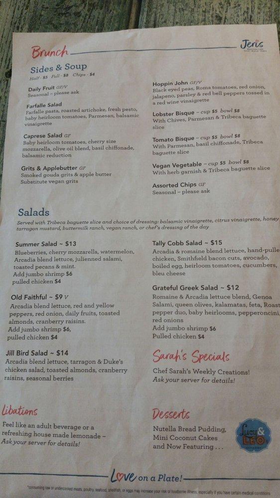 Carta de Jeri's Midtown Cafe, Tallahassee