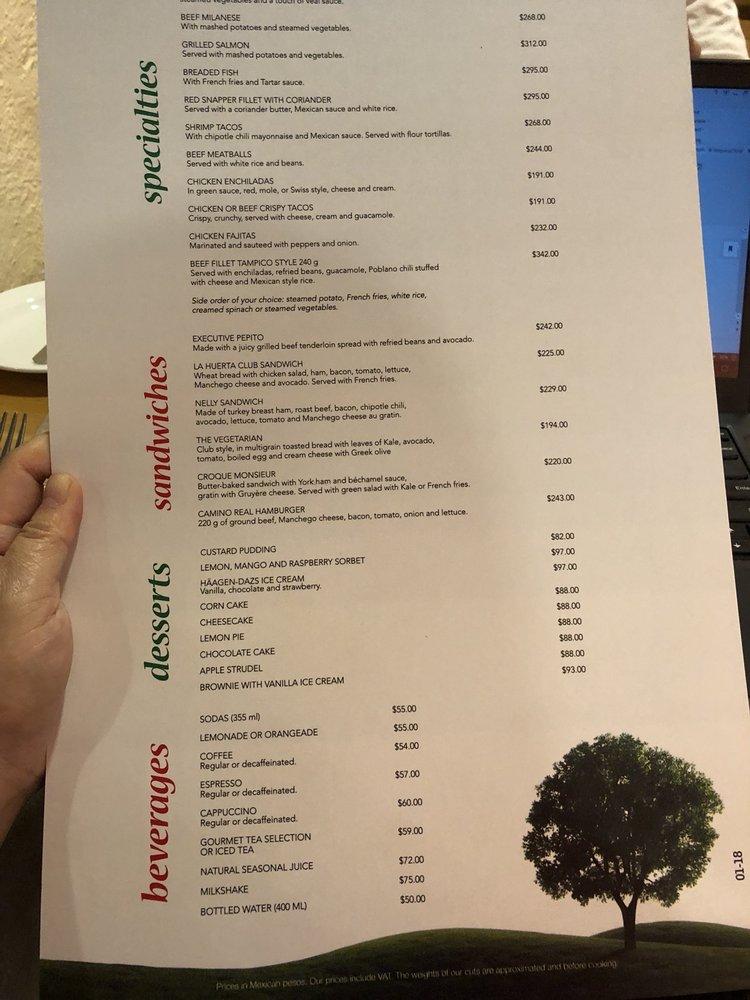 Menu at La Huerta restaurant, Mexico City, Calz. Gral. Mariano Escobedo 700