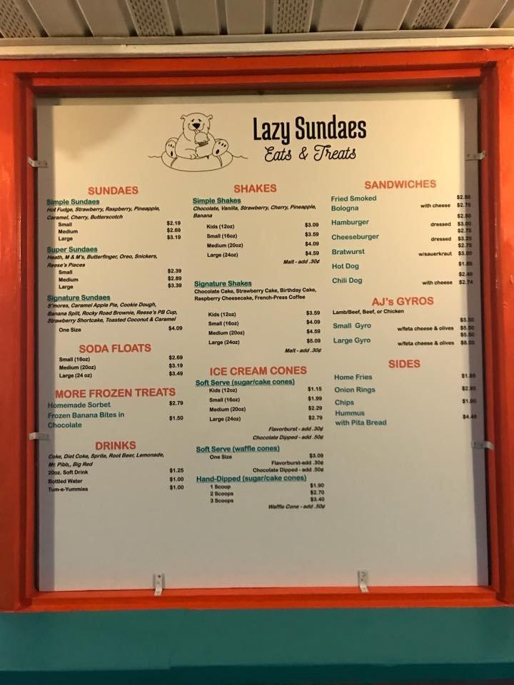 Menu at Lazy Sundaes restaurant, Georgetown