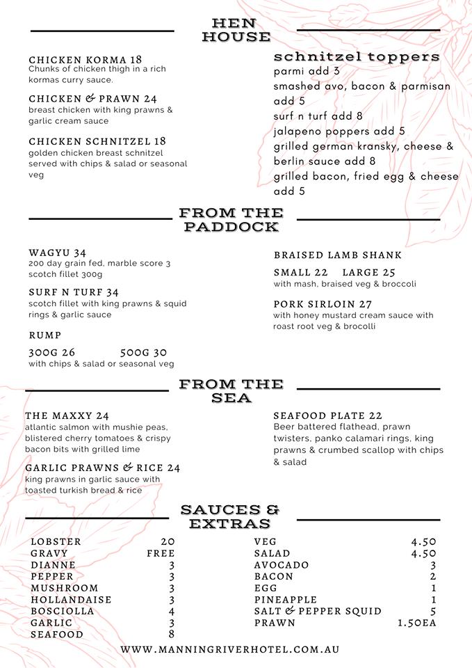 Menu at Manning River Hotel pub & bar, Taree