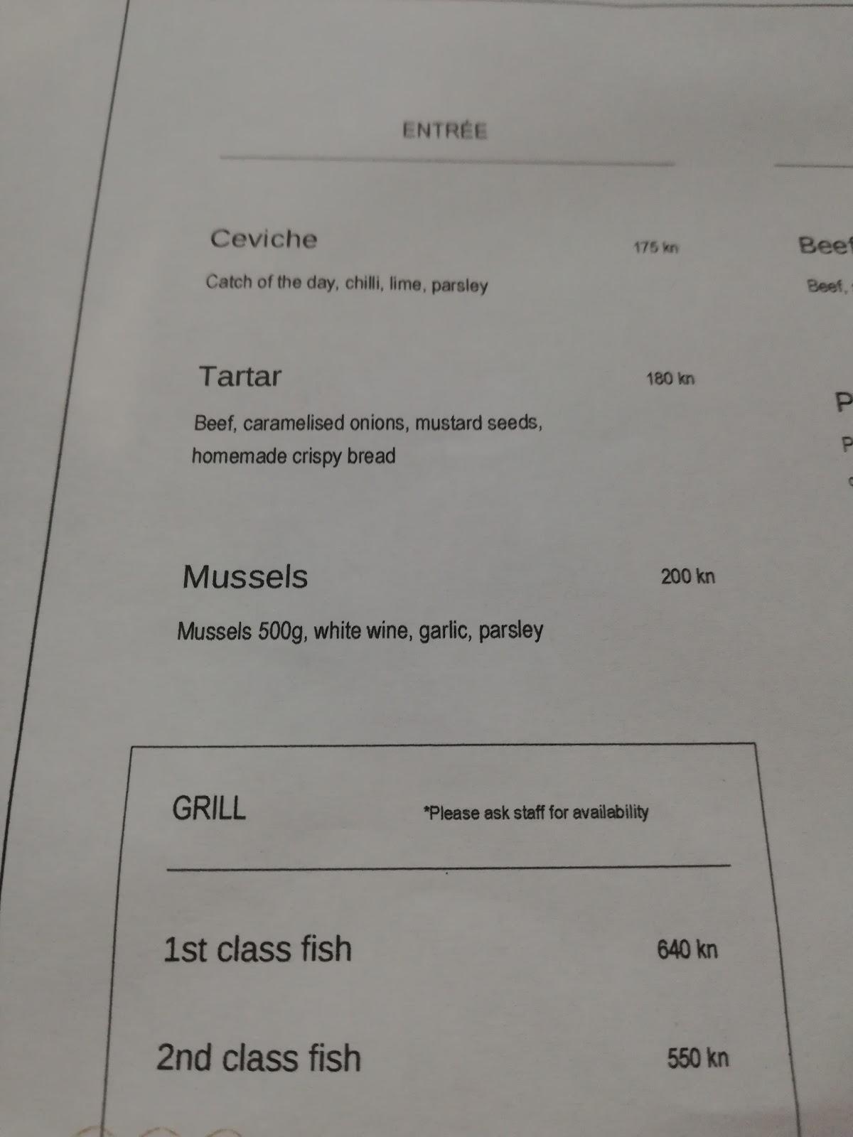 Menu at N20 Žut restaurant, Kornati