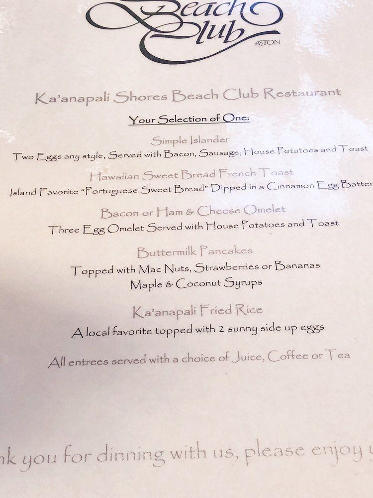 Menu at The Beach Club Restaurant & Bar, Lahaina