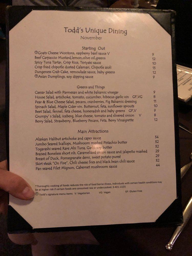 Menu at Todd's Unique Dining steakhouse, Henderson