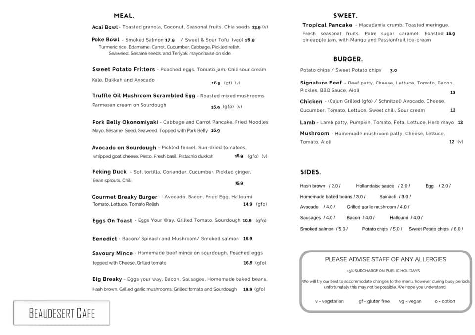 Menu at Beaudesert Cafe, Beaudesert, 99 Brisbane St