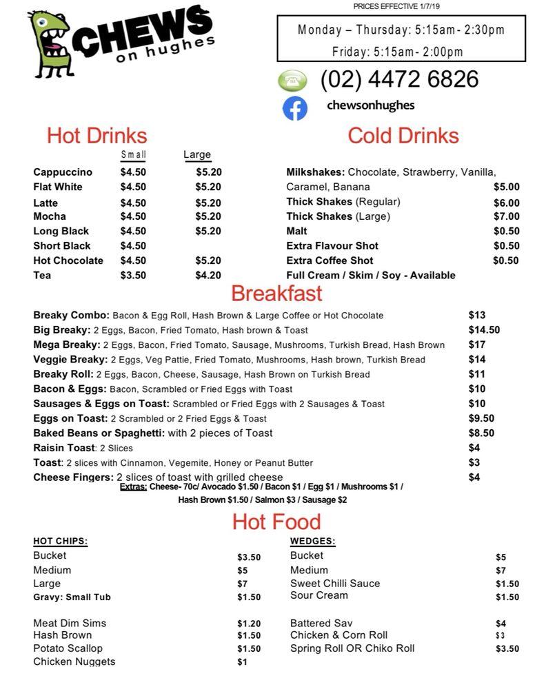 Menu at Chews on Hughes cafe, Batemans Bay