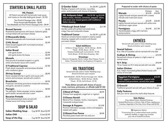 Menu at Hershey Italian Lodge restaurant, Hershey
