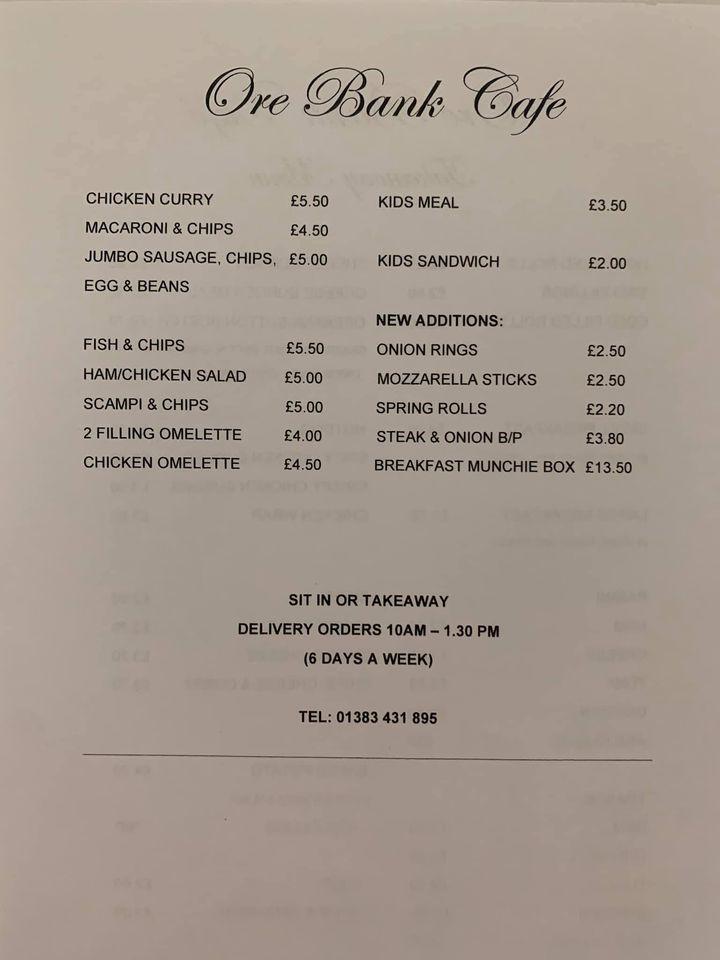 Menu at Ore-Bank Cafe, Lochgelly