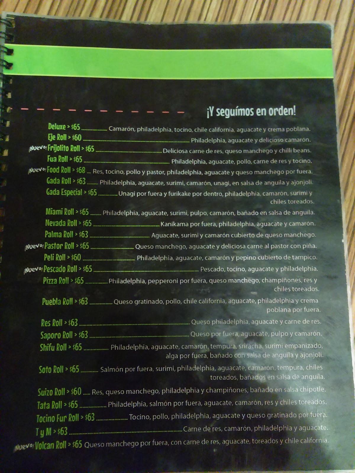 Menu at Sushigada restaurant, Ciudad Juarez, Ramón Rayón 9181