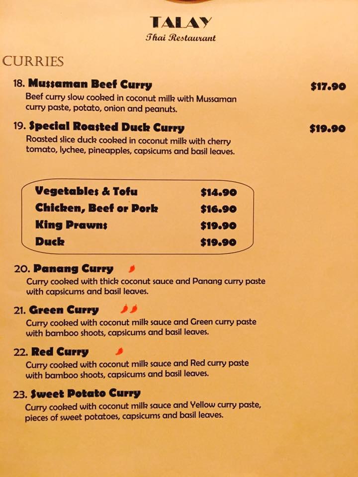 Menu at Talay Thai Restaurant, Batemans Bay