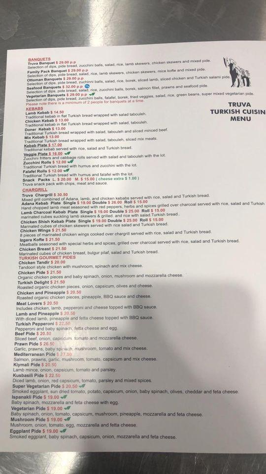 Menu at Truva Traditional Turkish Cuisine restaurant, Waterford West
