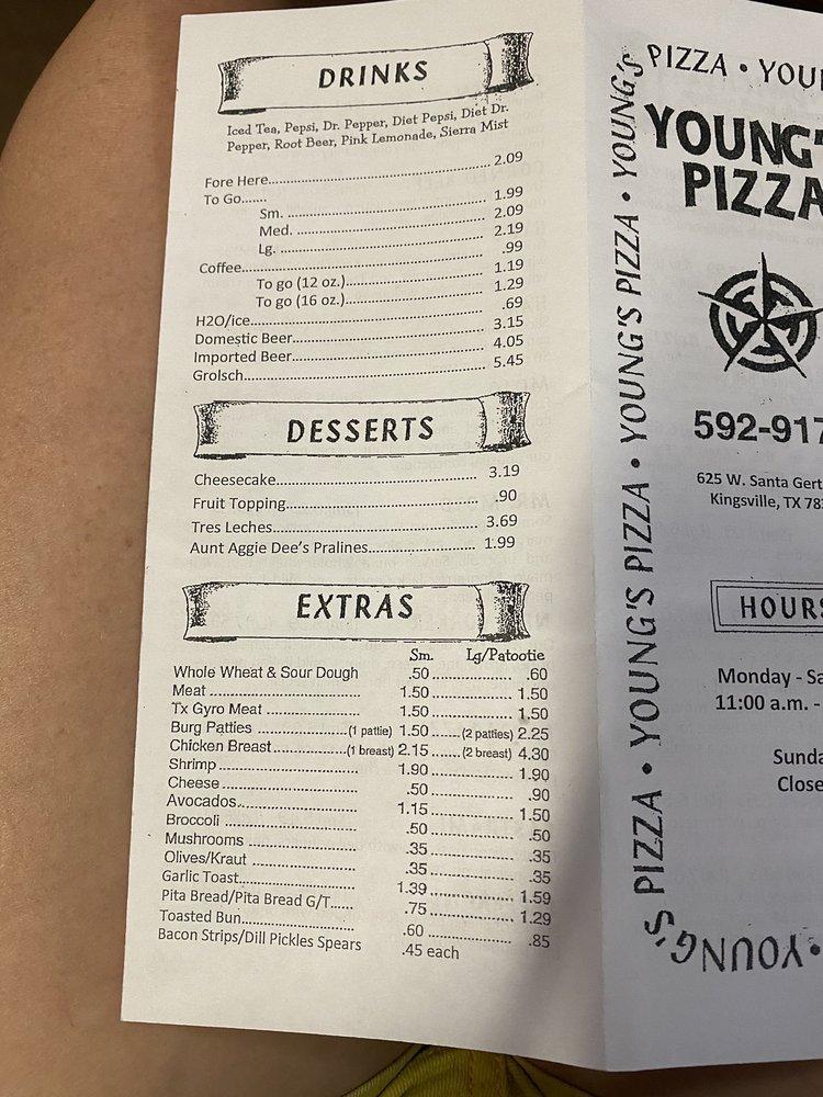 Menu at Young's Pizza & Bar, Kingsville