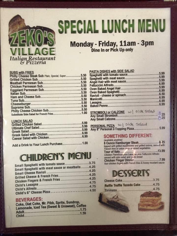 Menu at Zeko's Village restaurant, Morganton, Burkemont Ave C