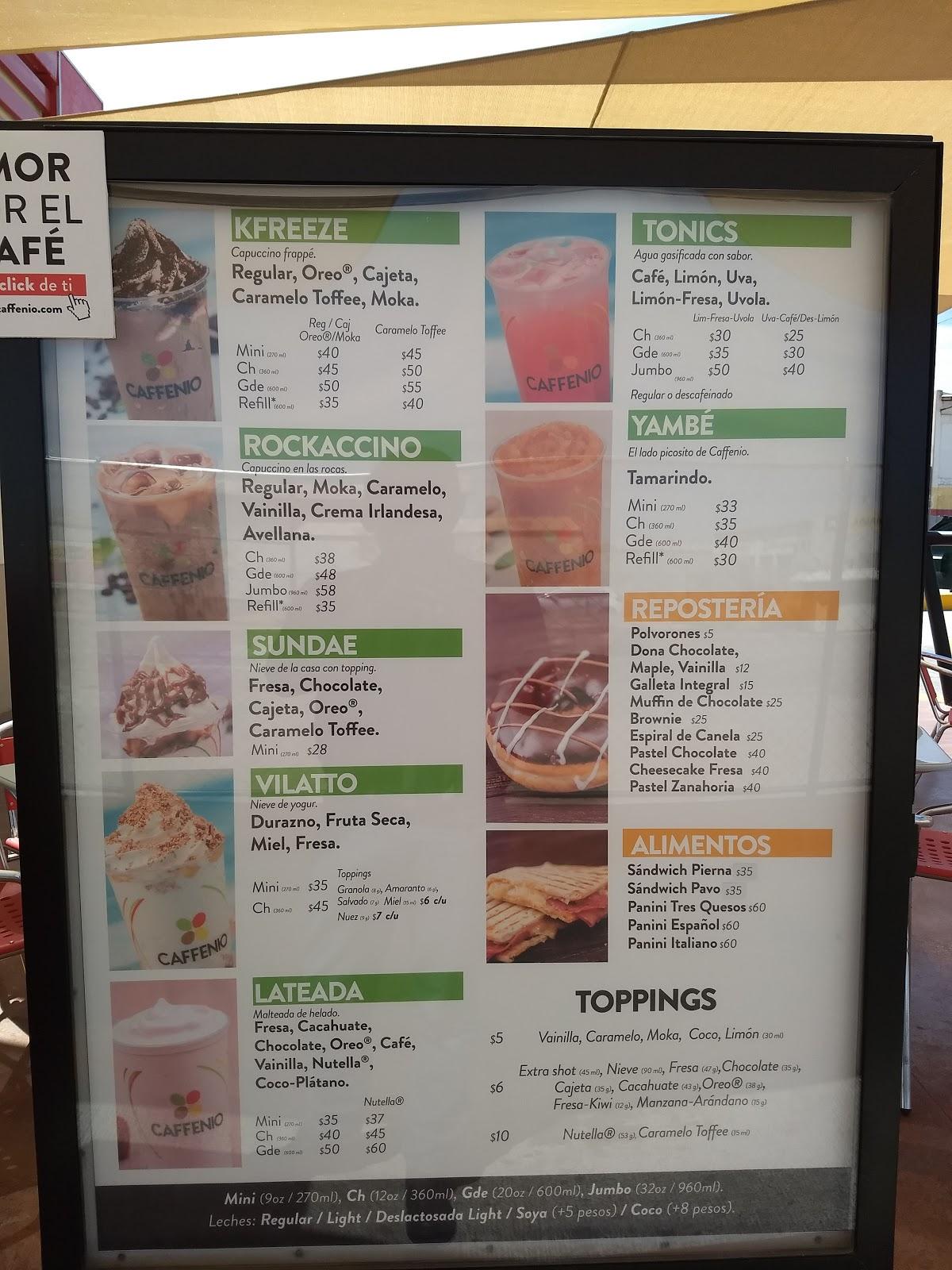 Carta de cafetería Caffenio Fuentes Mares, Chihuahua